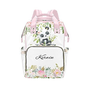 SunFancy Personalized Pink Flower Panda Bamboo Diaper Backpack with Name Text Large Capacity Custom Multi-Function Bag Unisex Travel Backpack for Mom Dad Boy Girl