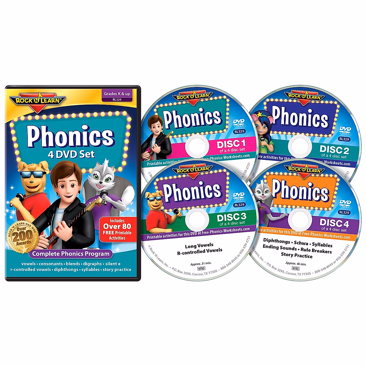 Phonics 4 DVD Set by Rock 'N Learn: Complete Phonics Program with 81 Printable Worksheets