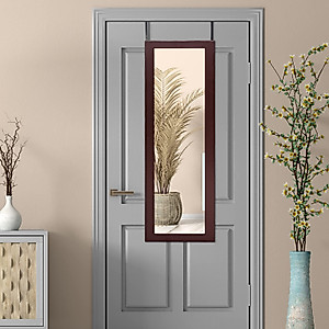 COSTWAY Full Length Mirror Jewelry Cabinet, Wall Door Mounted Jewelry Organizer with Makeup Mirror, Ring Slots and Necklace Hooks, Large Storage Jewelry Armoire for Bedroom, Dressing Room (Brown)