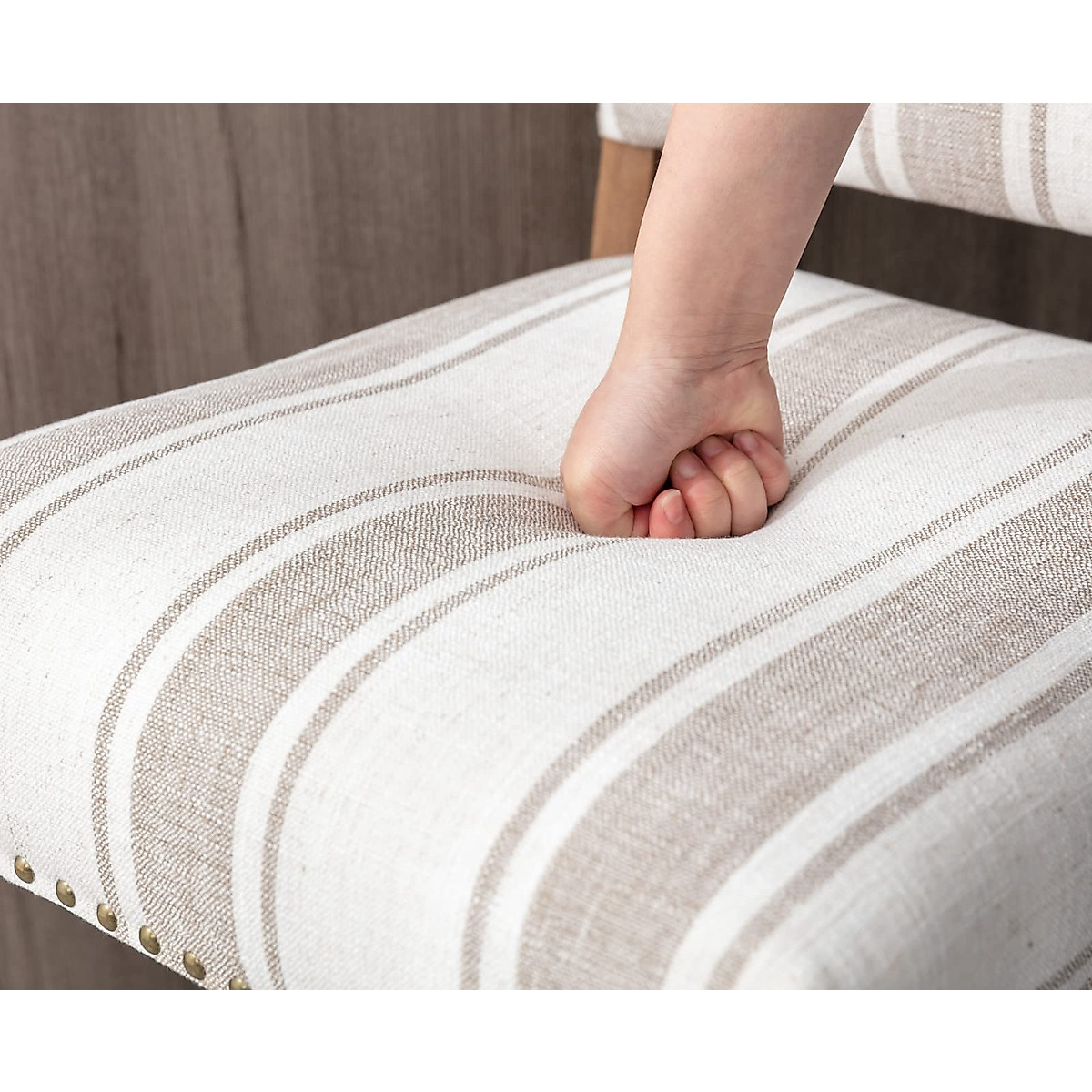 CIMOTA Counter Height Bar Stools Set of 2 Farmhouse Bar Chairs Mid Century Counter Stools Barstools with Back Kitchen Stools with Wood Legs for Island/Dining Room, Linen Beige Brown Stripe, 26 Inch