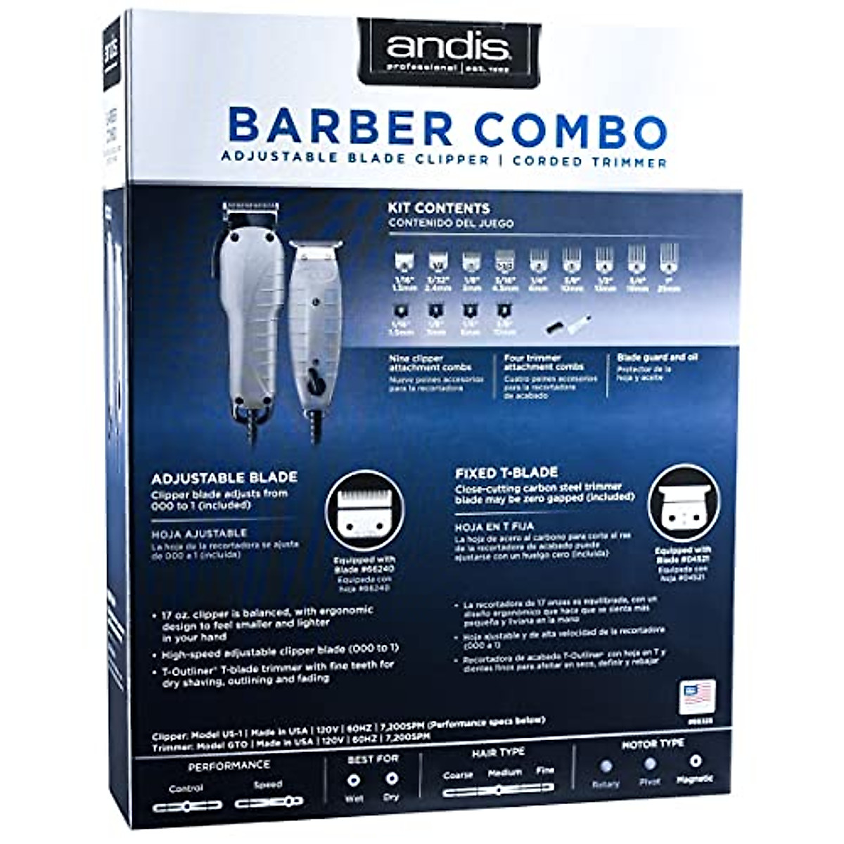 Andis Barber Combo-Powerful High-speed adjustable clipper blade & T-Outliner T-blade trimmer with fine teeth for dry shaving, outlining and fading Bundled with KEPSE Neck Duster