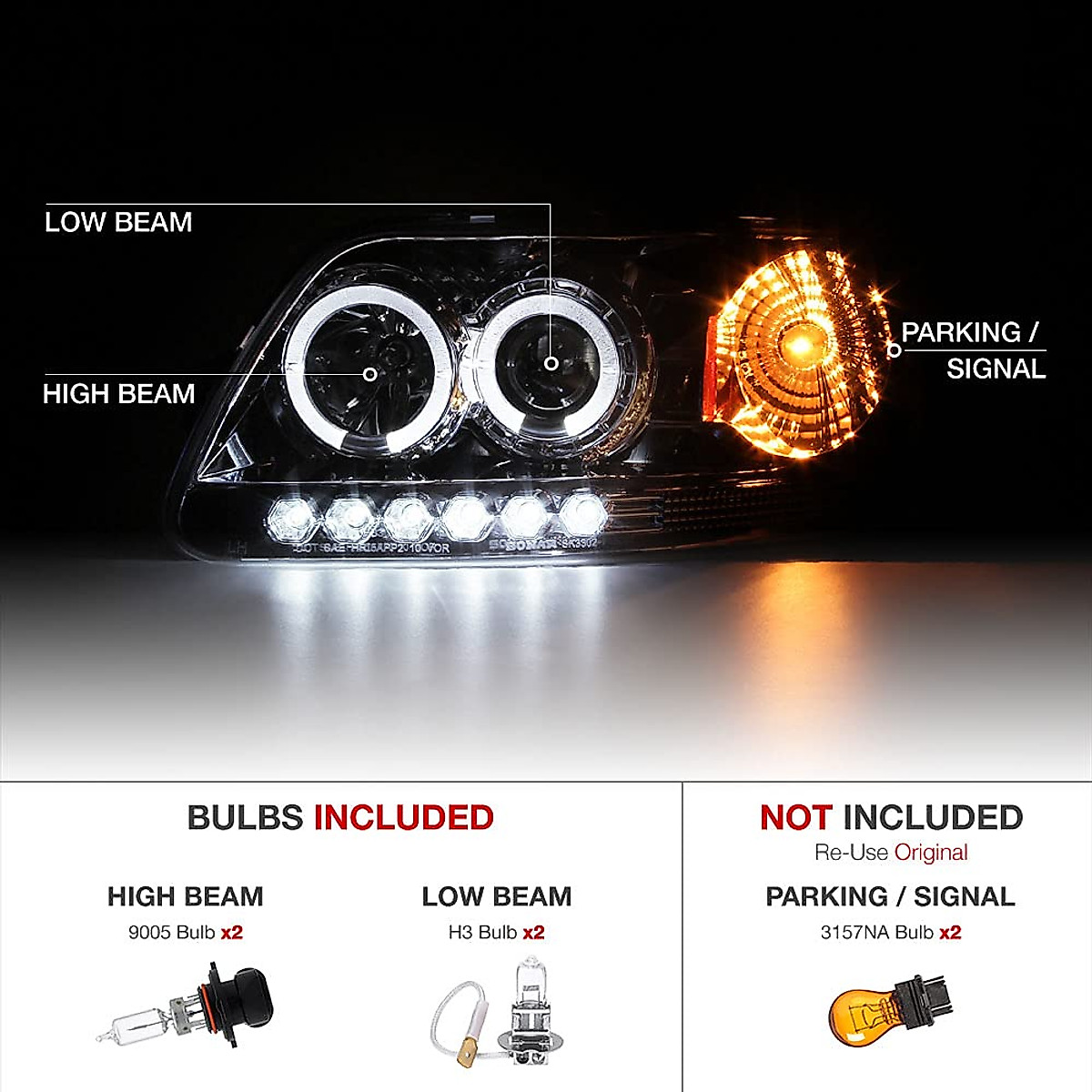 [For 1997-2003 Ford F150 Pickup Truck] LED Halo Ring Chrome Housing Projector Headlight Headlamp Assembly, Driver & Passenger Side