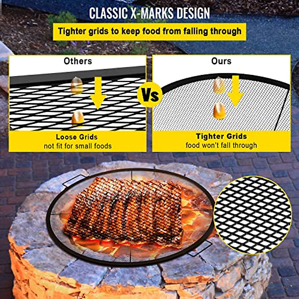 VEVOR Round Fire Pit Grate, 31" Diameter Fire Pit Grill Grate, X-Marks Round Grill Grate, Black Steel Fire Grate, Fire Pit Cooking Grate with Handles, Fire Grill Grate for Outdoor Fire Pit, Campfire