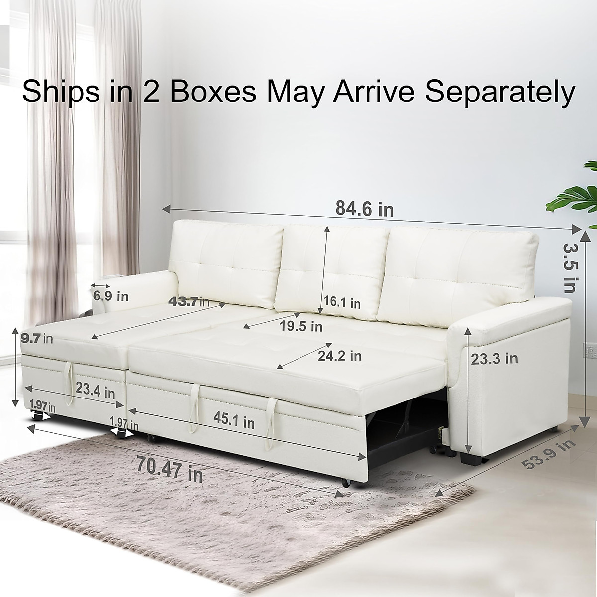 Naomi Home Transform Any Space: Sleeper Sectional Sofa with Convertible Sofa Bed & Inviting Chaise. Find Tranquil Comfort with Stress-Relieving Design & Durable Cushions - White/Air Leather