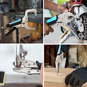 SHALL 6-Piece Locking Pliers, Vice Grips Pliers Set, 5",7" & 10" Curved Jaw Locking Pliers, 6-1/2" & 9-1/2 Long Nose Locking Pliers, 6" Locking C-Clamp, Two-Color TPR Handle, Roll Up Pouch Included