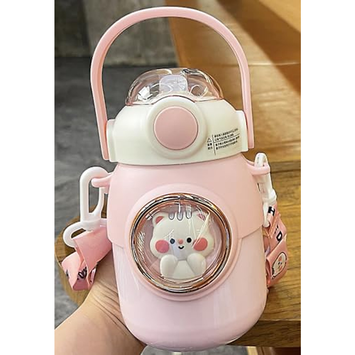 Large Capacity Cartoon Prints Water Bottle with Straw Lid Women Tumblers with Shoulder Strap Stainless Steel Thermal Cup (Pink 23.6oz)