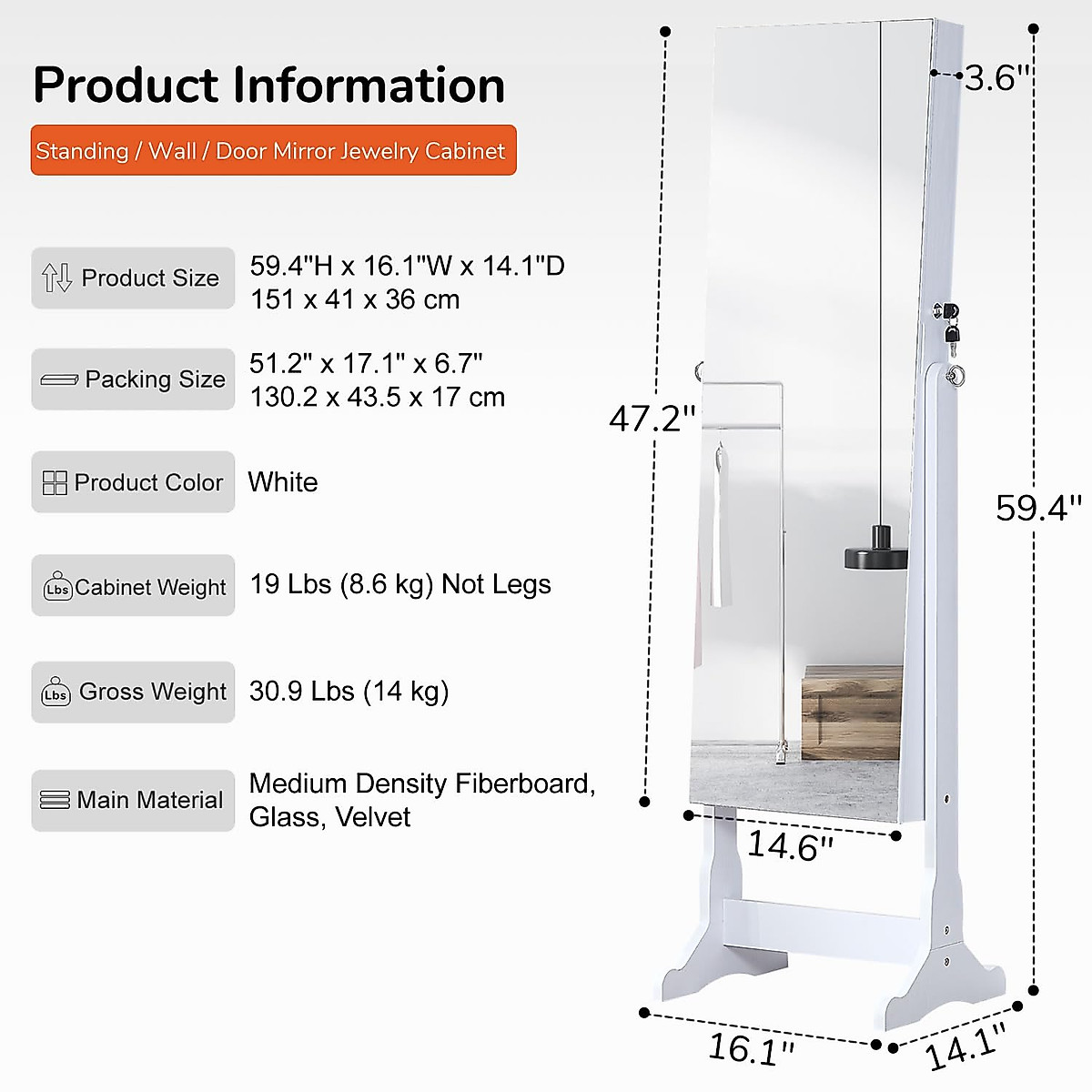 GISSAR Jewelry Organizer Full Length Mirror Jewelry Cabinet Standing/Wall/Hanging Door Jewelry Armoire Storage with Lights, Lockable, White