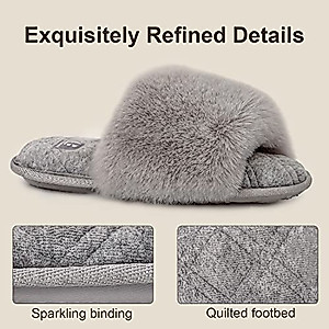 LongBay Women's Fuzzy Faux Fur Memory Foam Cozy Flat Spa Slide Slippers Comfy Open Toe Slip On House Shoes Sandals (Medium / 7-8, Gray)
