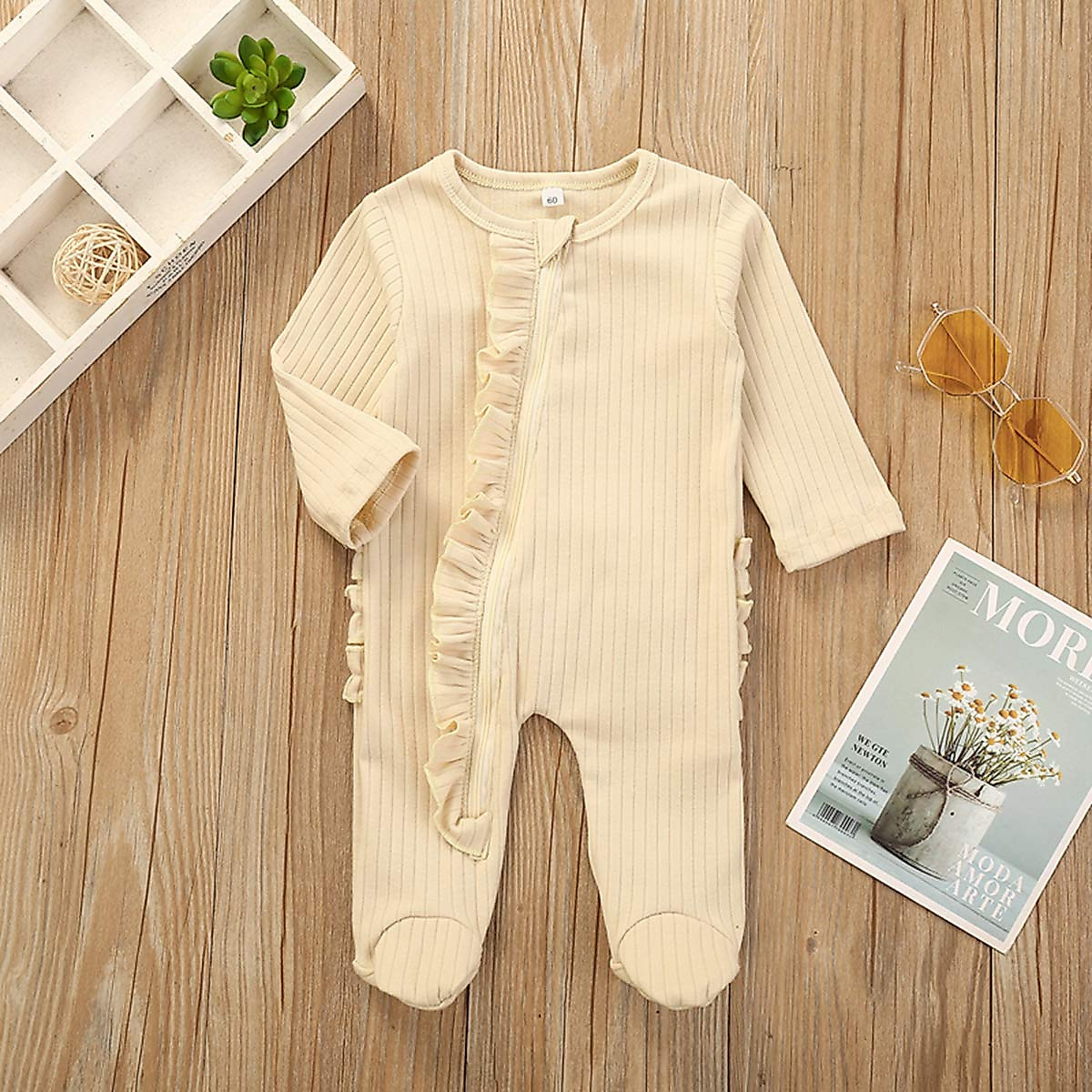 Lelloing Newborn Baby Boy Long Sleeve Romper Infant Girls Solid Color Footed Onesie Ribbed Jumpsuit Unisex Basic Pajamas(Pajama-Beige,0-3M)
