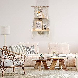 Macrame Wall Hanging Shelf - Wood Boho Wall Shelf with Woven Ripe, Boho Indoor Hanging Shelves for Wall Display, 2 Tier Handmade Macrame Bohemian Shelf, Boho Deocr for Living Room, Bedroom, Bathroom