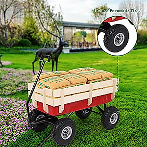 Red and White Garden Wagon Cart,Gorilla Cart,Wheelbarrow,Beach Wagon with Big Wheels for Sand,Utility Garden Iron Wood Four Wheel Garden Wagon for Outdoor Camping,Nurseries,Greenhouse