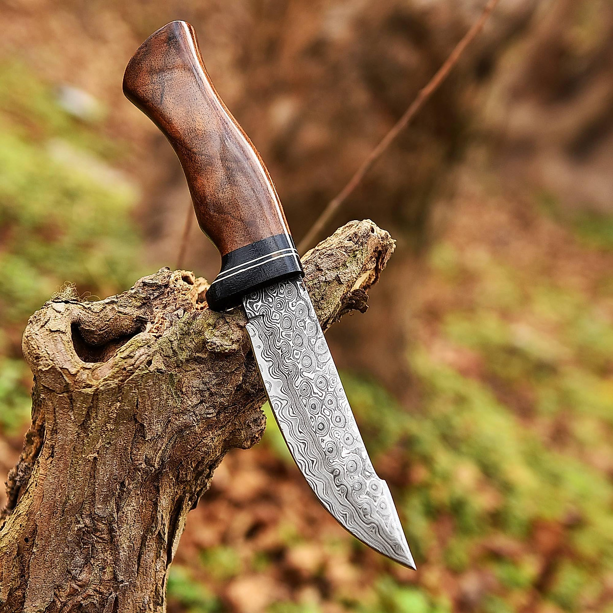 HK Knives Handmade 10''Hunting Knife,Forged Damascus for men,Bushcraft knife with Non-Slip Walnut Wood Handle & Leather Sheath,Damascus best Outdoor Indoor Camping,Survival,Skinning, Rose wood, 5x5