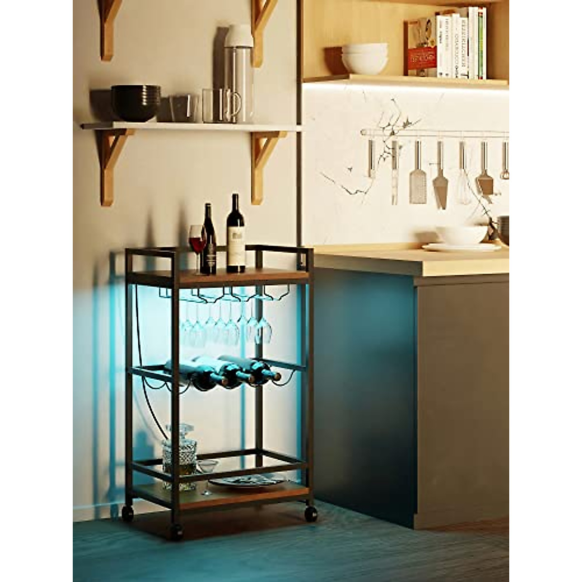Boss Premium® BarUSA™ LED Bar Cart for Home Mini Portable Wine Bar Coffee Carts Small Mobile Serving Stand Liquor Beverage Drink Tea Alcohol Kitchen Rolling Cart - Designed in USA (Patented)