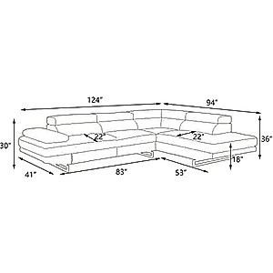Blackjack Furniture Union Modern Faux Leather Sofa with Adjustable Headrests, Chaise, Elegant Tufted Seat, High-Density Foam and Stainless Steel Legs, Right Facing Sectional, White