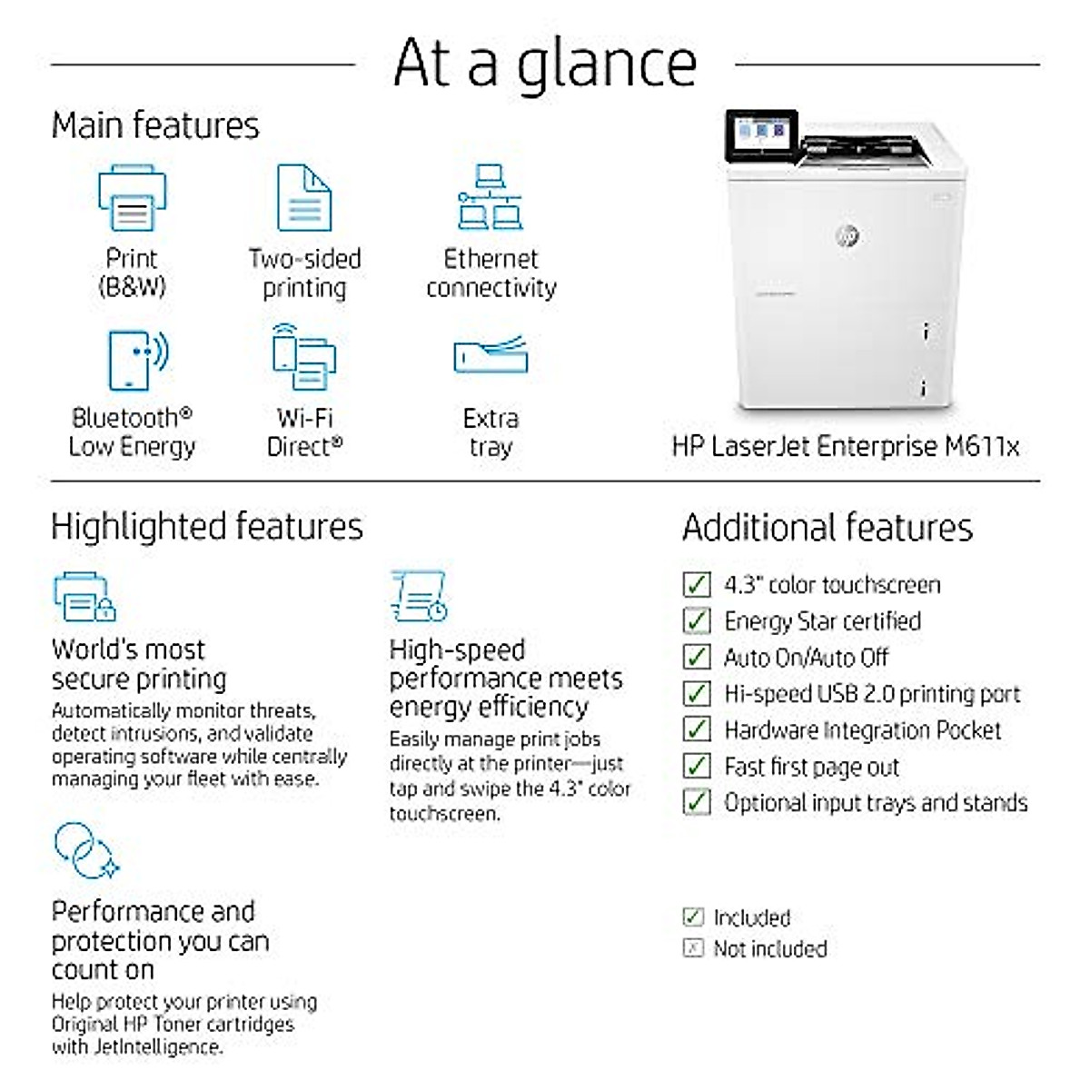 HP LaserJet Enterprise M611x Monochrome Printer with built-in Ethernet, 2-sided printing & extra paper tray (7PS85A) White