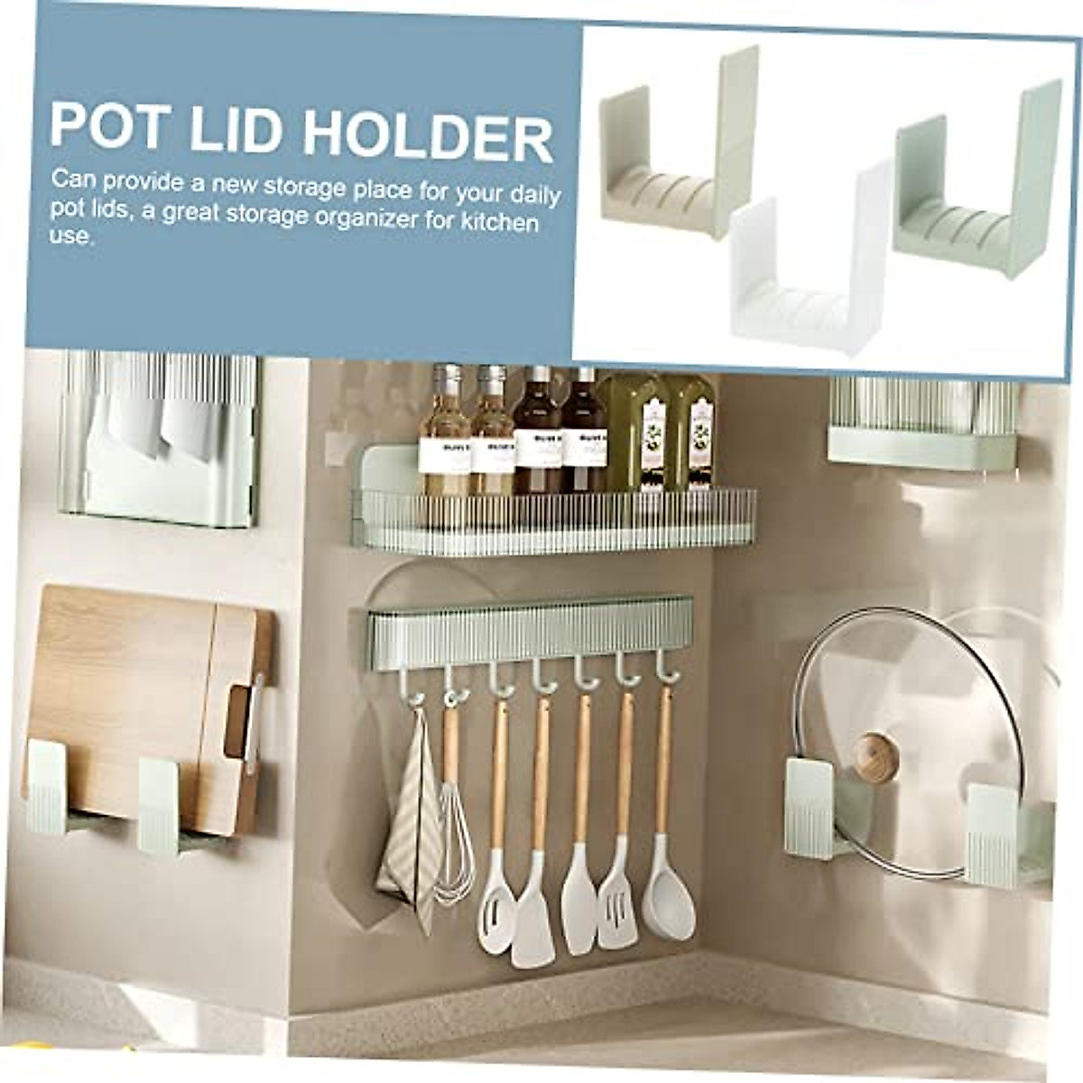 LABRIMP 3pcs Lid Rack Cups Set Green Pots and Pans Set Plastic Stand Pot Lid Rack Wall Mount Dish Rack Pot Lid Holder Stand Pan Cover Rack Punch-free Pot Lid Storage Organizer Small Tools