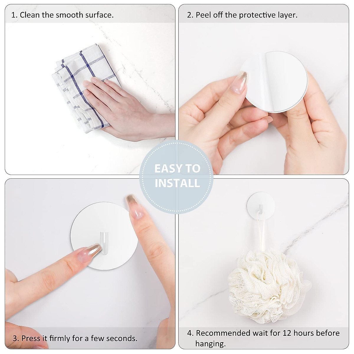 VIS'V Adhesive Hooks, White Round Self Adhesive Wall Hooks Small Stick on Hooks Waterproof Heavy Duty Stainless Steel Shower Sticky Towel Hooks for Bathroom Kitchen Livingroom Camper - 4 Pcs