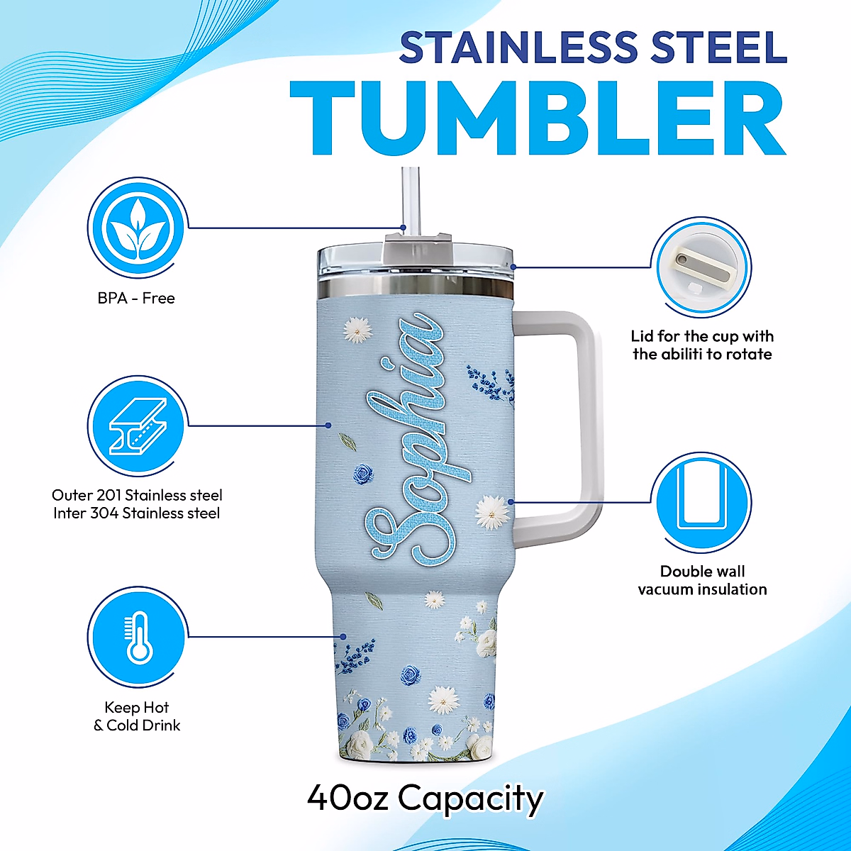 Hyturtle Personalized Floral Peacock 2D Print Tumbler - Peacock Gifts For Women - Animal Present For Peafowls Lover Her - Mothers Day Present For Mom - Custom Travel Coffee Cup 40 oz With Lid Straw