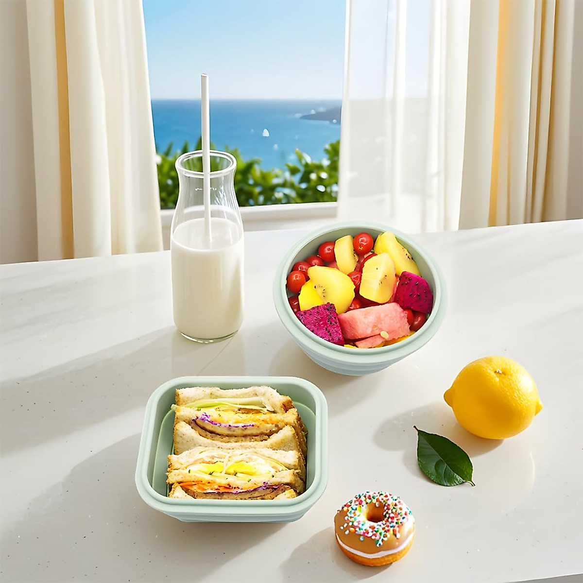 FUSMYE Set of 2 Collapsible Pure Silicone Food Storage Containers With Lids, BPA Free, Rectangle and Round Bento Lunch Box Containers Airtight, Microwave,Dishwasher and Freezer Safe for Camping