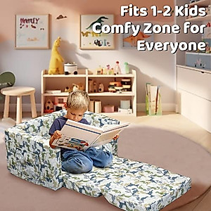 Truwelby Kids Sofa, Children's 2 in 1 Convertible Sofa to Lounger - Extra Soft Flip Open Chair & Sleeper, Cute Dinosaur Print Toddler Chair Kids Couch for Kids Girls Boys