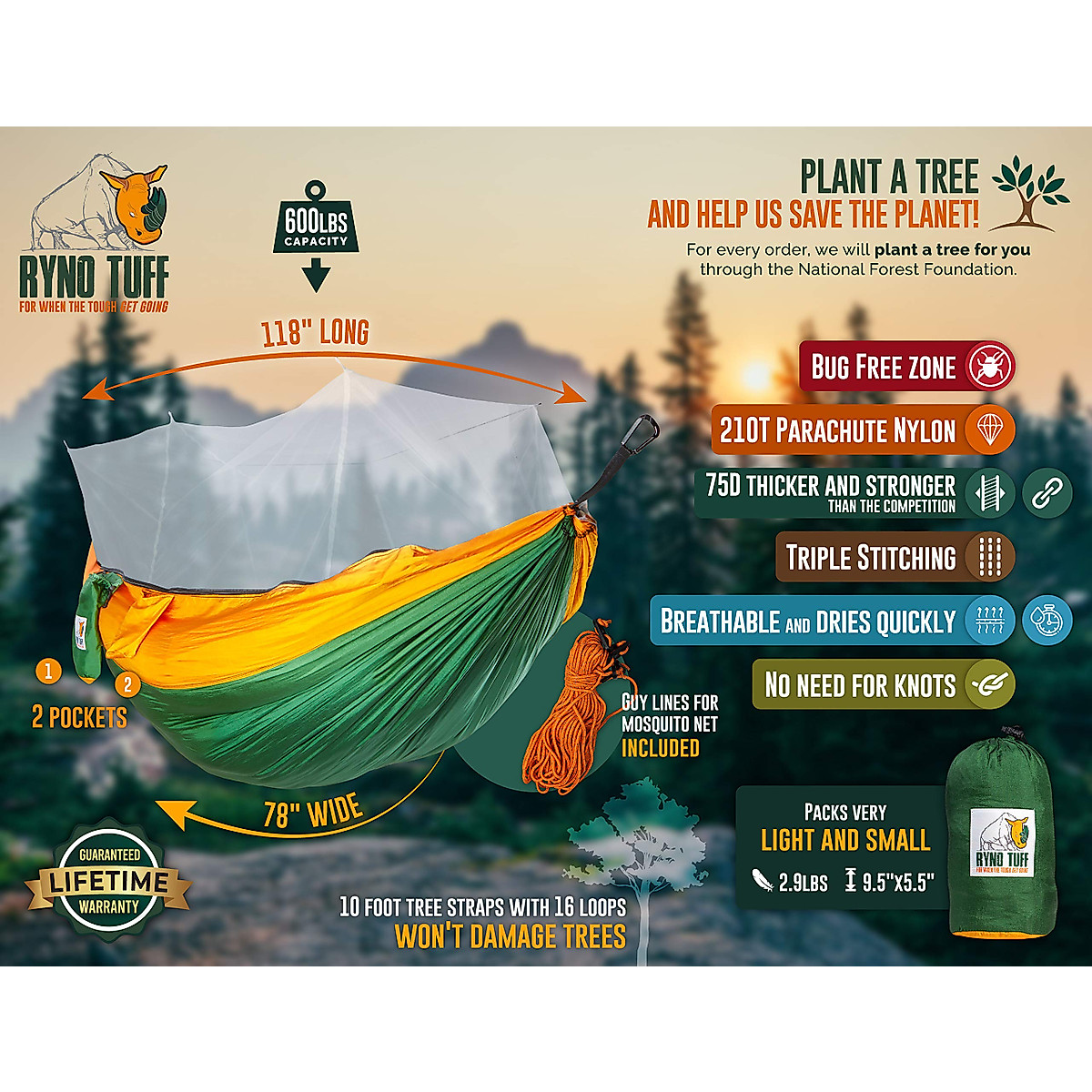 Ryno Tuff X-Large 2 Person Camping Hammock with Mosquito Net - Compact Double Hammock with Bug Net, Pocket, Tree Straps & Heavy Duty Carabiners - Parachute Grade Nylon Can Hold Over 600lbs of Weight