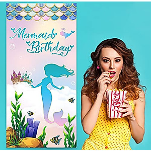 Mermaid Happy Birthday Banner Backdrop Background Castle Tropical Fish Scales Under The Sea Theme Decorations Decor for Girls Princess Daughter 1st Birthday Party Baby Shower Flag Supplies Favors
