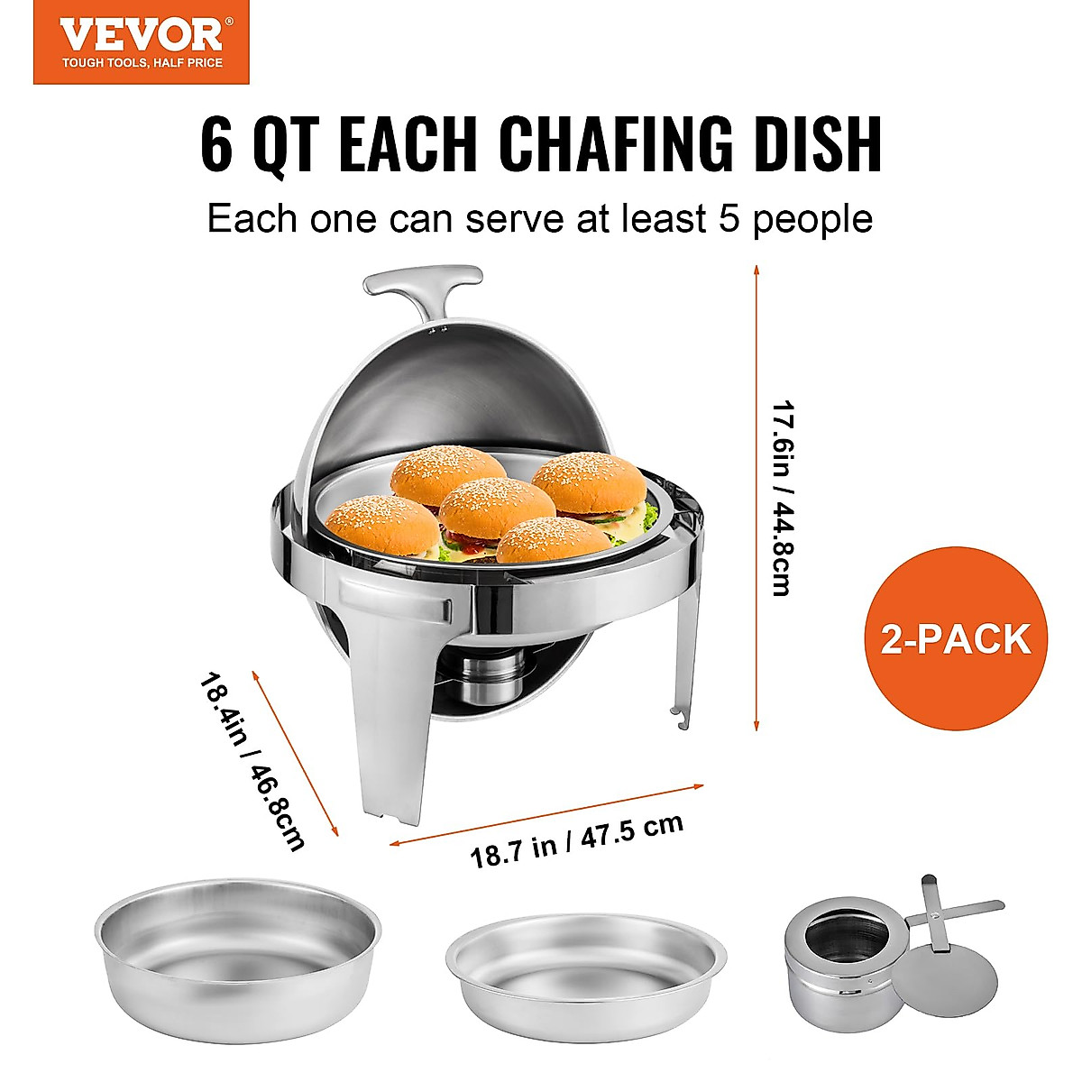 Mophorn 6QT Round Stainless Steel Chafing Dish (2pcs)