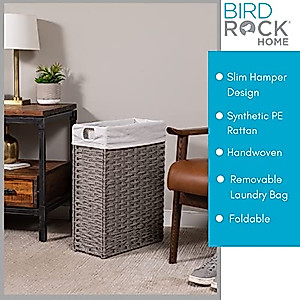 BIRDROCK HOME 22" Slim Laundry Hamper with Removable Liner Bag | Grey | Handwoven | Compact Collapsible Clothes Basket | Synthetic PE Rattan