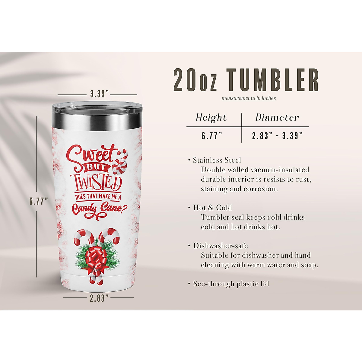 BESLKB Christmas Gifts for Women-20 oz Stainless Steel Insulated Travel Tumbler Coffee Mug Cup-Funny Christmas Gifts for Mom, Dad, Son, Daughter, Women, Men (Candy Cane)