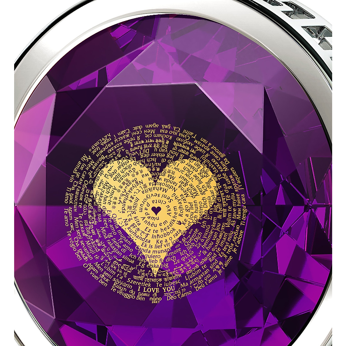 NanoStyle 925 Sterling Silver I Love You Necklace Pure Gold Inscribed in 120 Languages Including on Round Cut Dark Purple Cubic Zirconia Gemstone Anniversary Birthday Gift Pendant for Wife, 18" Chain