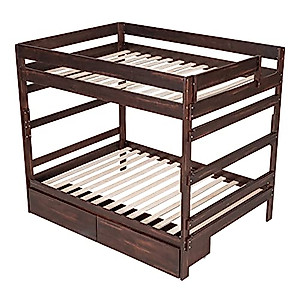 Full Over Full Bunk Bed with 2 Drawers, Solid Wood Bunk Bed Frame with Ladders & Storage Drawers, Bedroom Furniture Can Be Divided Into Two Individual Beds