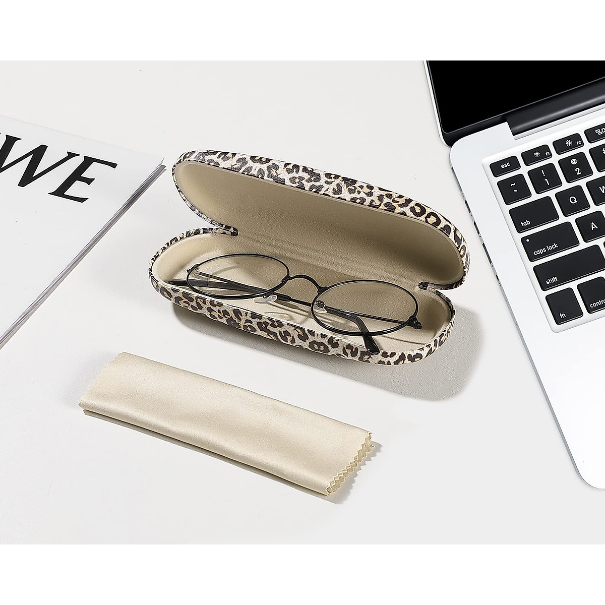 MoKo Hard Shell Eye Glasses Case with Cloth, PU Leather Protective Eyeglasses Cases Storage Organizer Travel for Men Women, Leopard