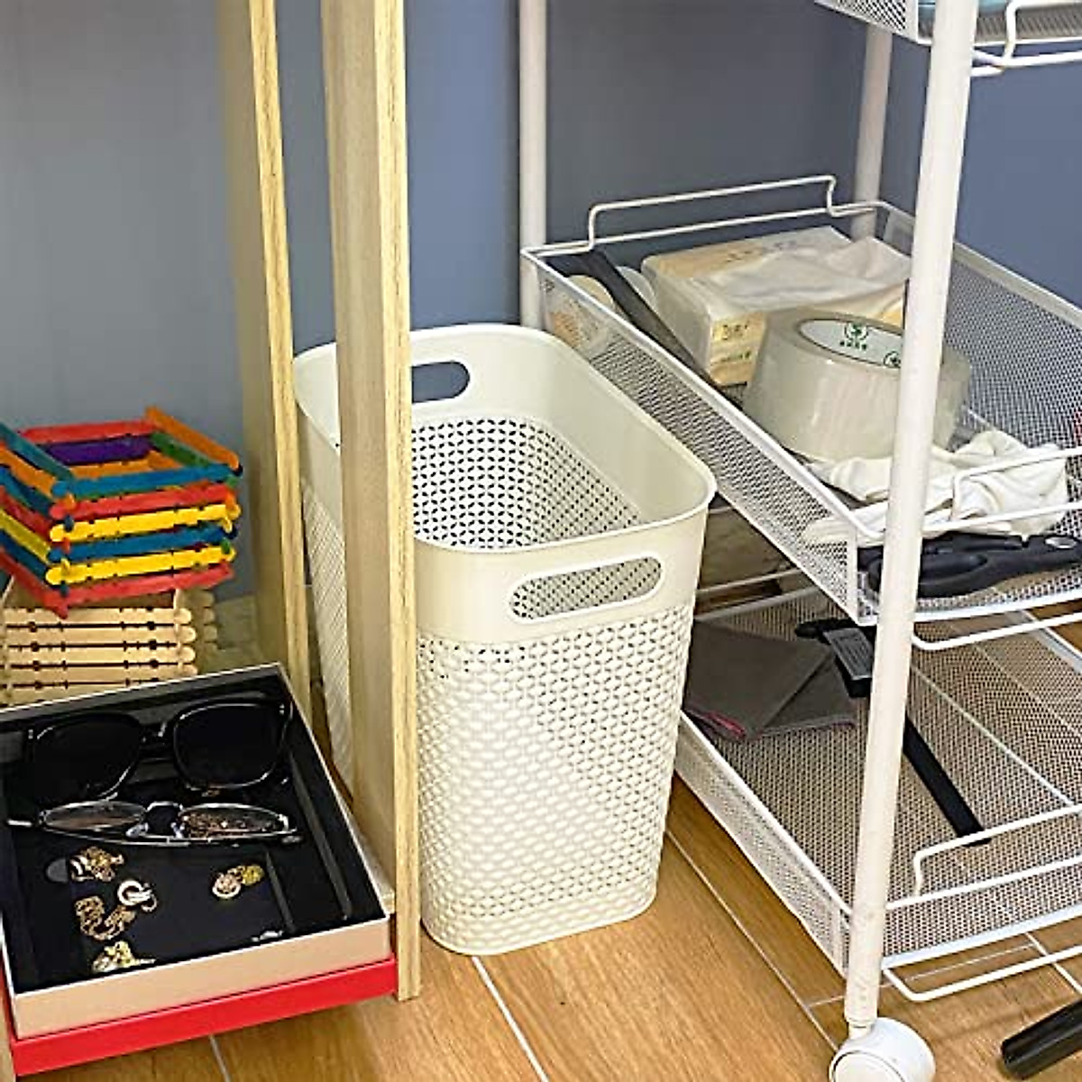 ZOFORTY 3 Pack Slim Plastic Trash Can Wastebasket, 3.5 Gallon Trashcan Garbage Bin with Handles, Rectangle Hollow Trash Bin Waste Basket for Office Bathroom Bedroom Home Kitchen Dorm - 10” High