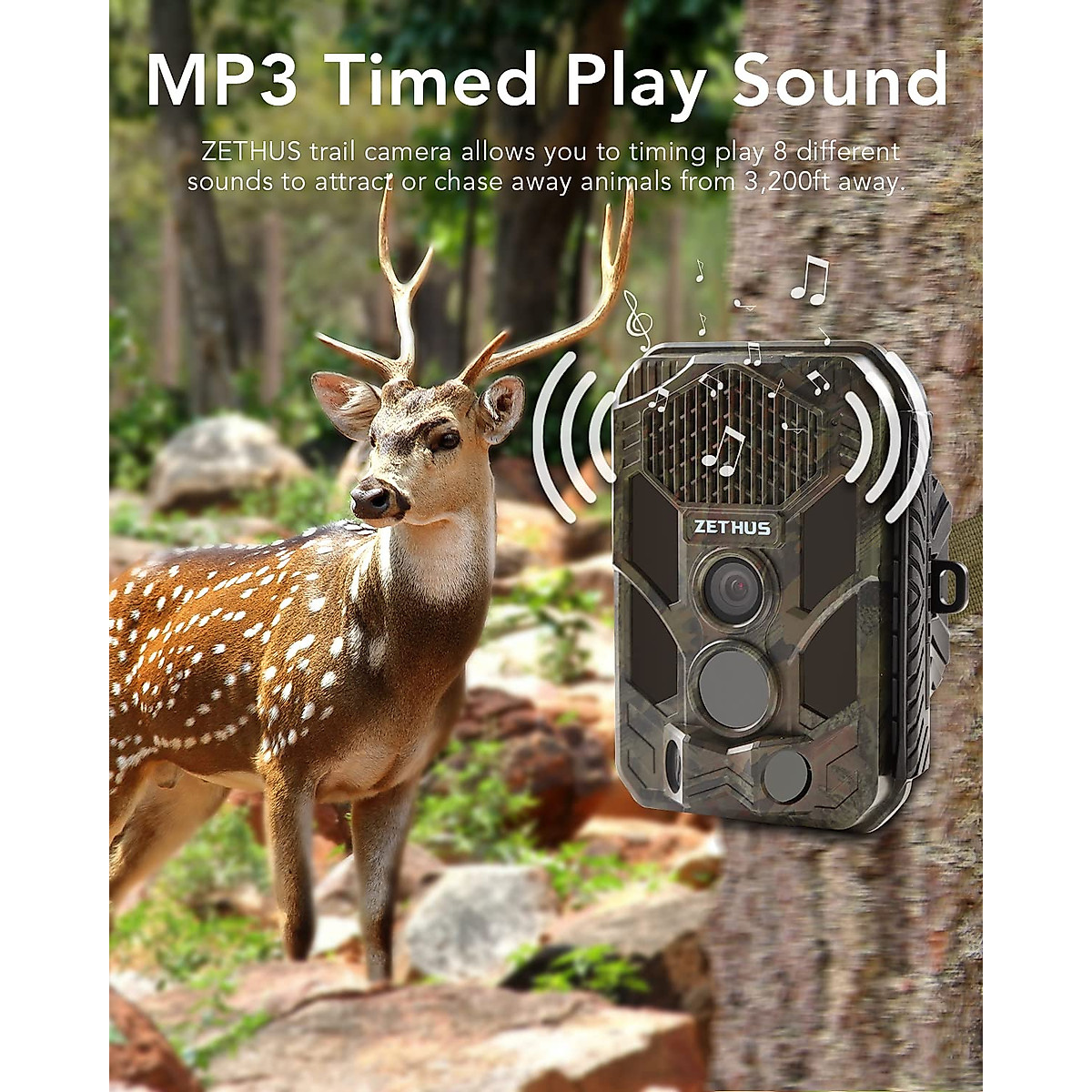 ZETHUS 2.7K 20MP Trail Camera, Game Camera with Night Vision 0.2s Trigger Time 120° 100ft Motion Activated, IP66 Waterproof Hunting Camera 2.8”LCD Screen and Rechargeable Power for Wildlife Monitoring