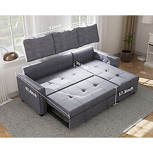 Ucloveria, 91" Sleeper Sofa Reversible Storage Chaise Living Room L-Shape Lounge 2 in 1 Sectional Couch with Pull Out Bed, Delta Gray, Dark Grey