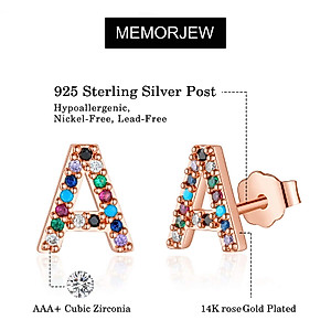 Memorjew Initial Stud Earrings for Women, Easter Girl Gifts Hypoallergenic 925 Sterling Silver Post Rainbow Cubic Zirconia Gold Plated A Initial Earrings for Women Jewelry Gifts