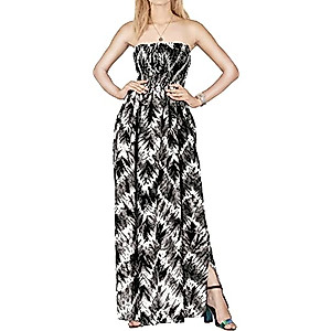 LA LEELA Women's Boho A line Slit Maxi Dress Smocked Top Evening Long Strapless Tube Dresses for Women One Size Kohl, Zig Zag