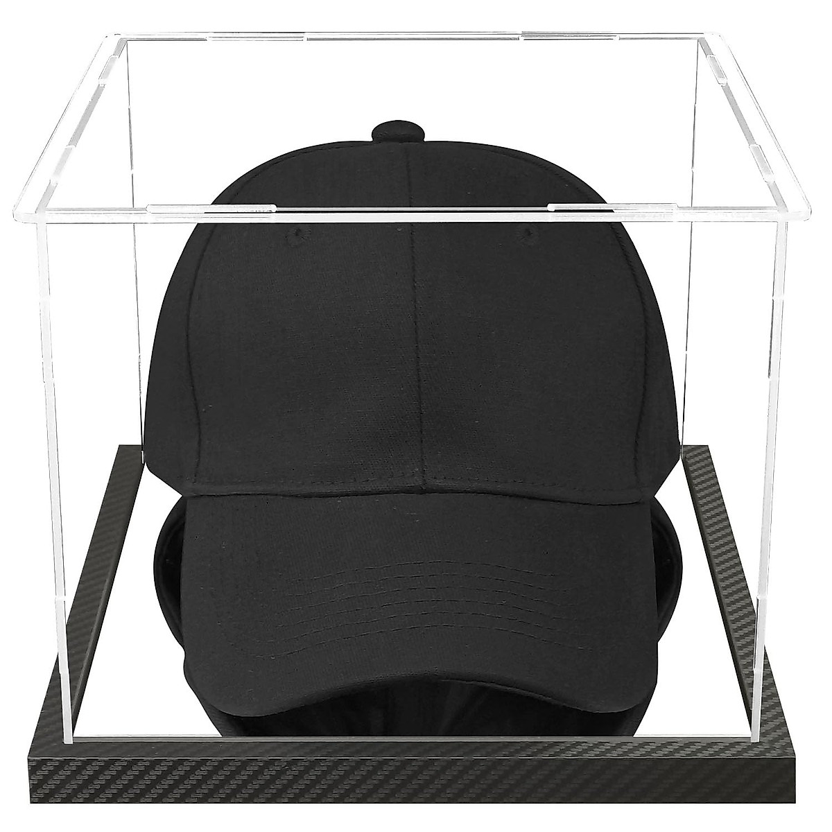 Clear Hat Display Case Acrylic Baseball Cap Holder Stand Transparent Hat Storage Box Dustproof Square UV Protection Cabinet with Carbon Fiber Skin Base and Removable Mirror Base
