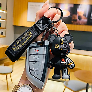 HSYHERE Fashionable Cool Half Mechanical Body Standing Bear Keychain, Stylish soft silicon Bear Key Ring Collection Bag Pendant New Year Christmas Valentine Gift Car Key Metal Keyring -Black