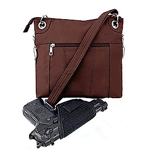 Concealed Carry Cross Body Leather Gun Purse with Locking Zipper (Brown)