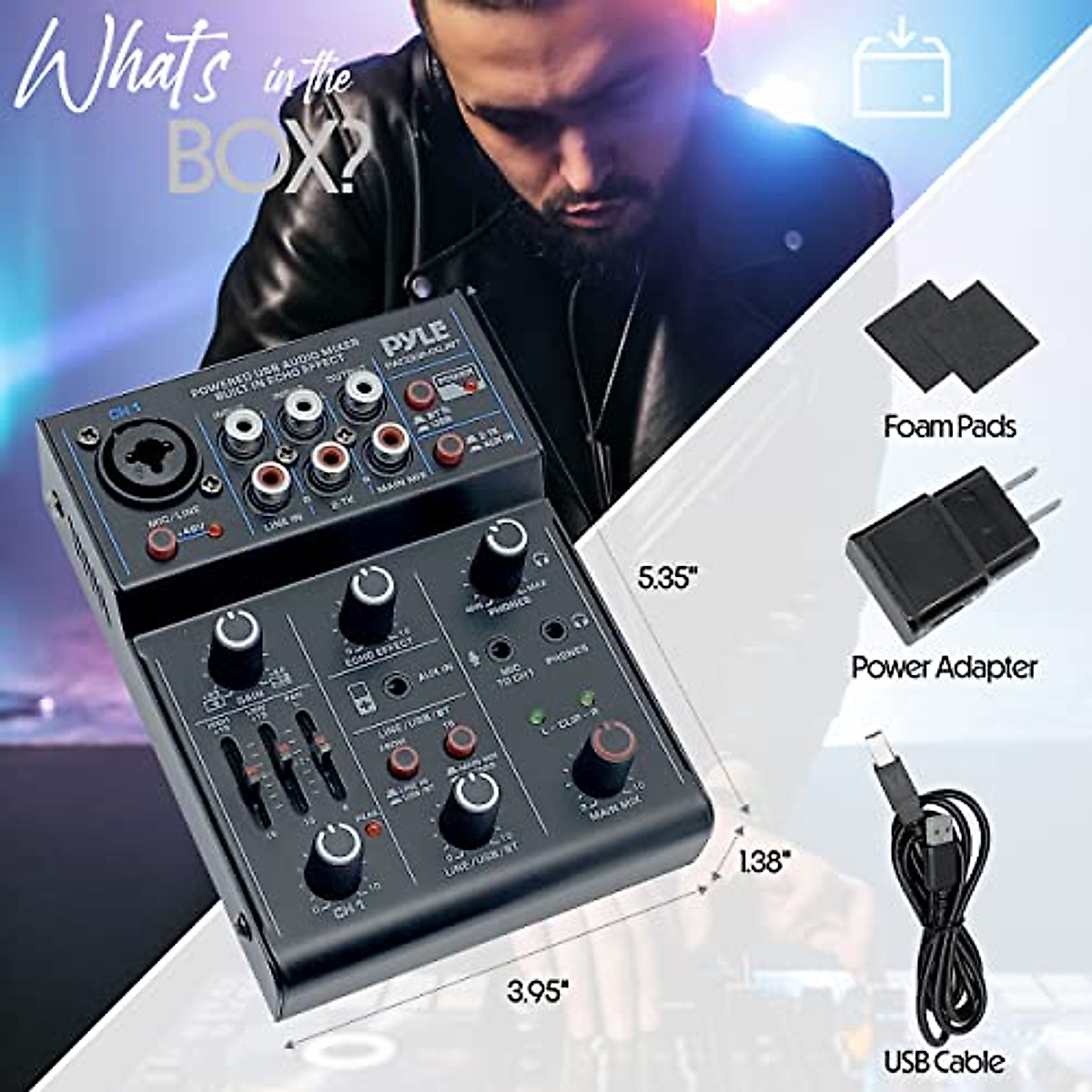 Pyle Professional Wireless DJ Audio Mixer - 3-Channel Bluetooth DJ Controller Sound Mixer w/USB Audio Interface, Combo Jack XLR+6.35mm Mic/Line/Guitar In, 3.5mm, RCA, AUX, Headphone Jack PAD33MXUBT