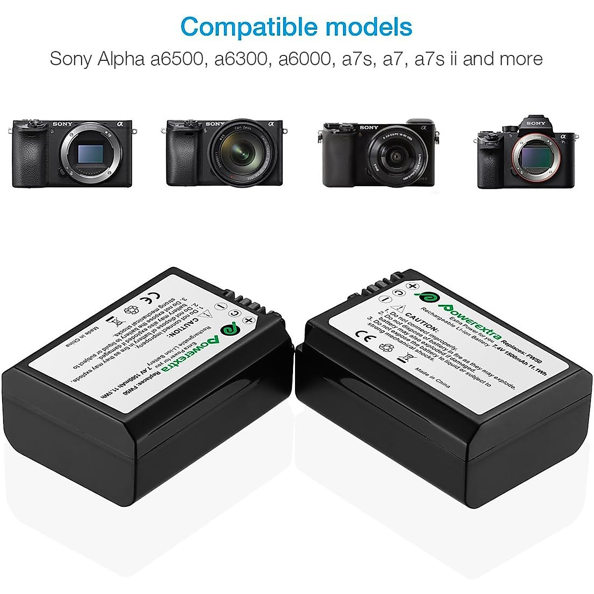 Powerextra 2 Pack Replacement NP-FW50 Battery Compatible with Sony ZV-E10,Alpha A6000, A6500, A6300, A7, A7II, A7SII, A7S, A7S2, A7R, A7R2, A7RII, A55, A5100, RX10, RX10II Digital Camera