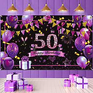 Happy 50th Birthday Banner for Women Purple 50th Birthday Decorations Purple Black Gold 50th Happy Birthday Sign 50 Year Old Birthday Backdrop Banner for Women Men 50th Birthday Party Supplies
