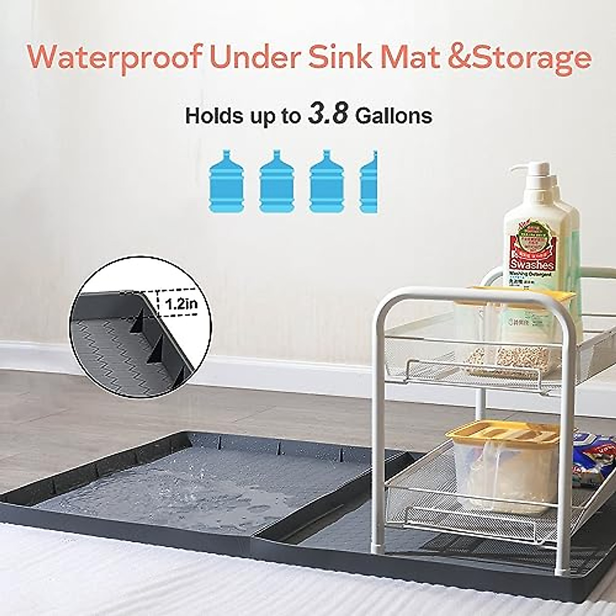 Sdpeia Under Sink Mat, Upgrade 2 PCS Set Interlocking Kitchen Bathroom Cabinet Mats Waterproof Silicone Undersink Tray Up to 3.8 Gallons 34 inx 22 in Splicable Mat (Grey)