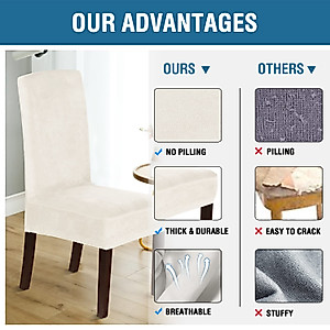 H.VERSAILTEX Dining Chair Covers Velvet Stretch Chair Covers for Dining Room Set of 6 Parson Chair Slipcovers Chair Protectors Covers, Soft Thick Solid Velvet Fabric Washable, Ivory