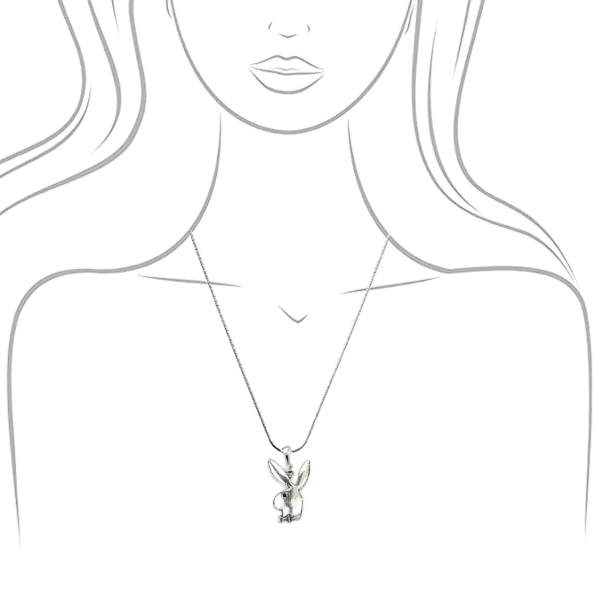 Playboy Bunny Necklace, 18" (45cm) Snake Chain, Pure 304 Stainless No-Tarnish Chain with Antiqued Silver Zinc Alloy Playboi Pendant