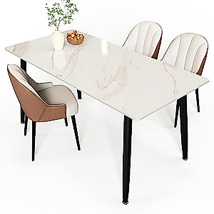 VVSmriti Sintered Stone Dining Table, Metal Legs, a Contemporary Dining Table with Rounded Corner Design - Ideal for Home, Office, and Dining Room - 55x27.5x29.3 Inches, White