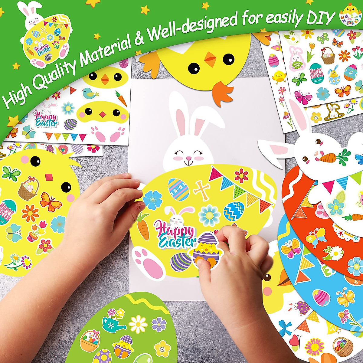 chiazllta 36Packs Easter DIY Craft Kit Stickers Set for Kids Eggs Bunny Chicks Easter Paper Craft Kit for Home Preschool Classroom Game Activities