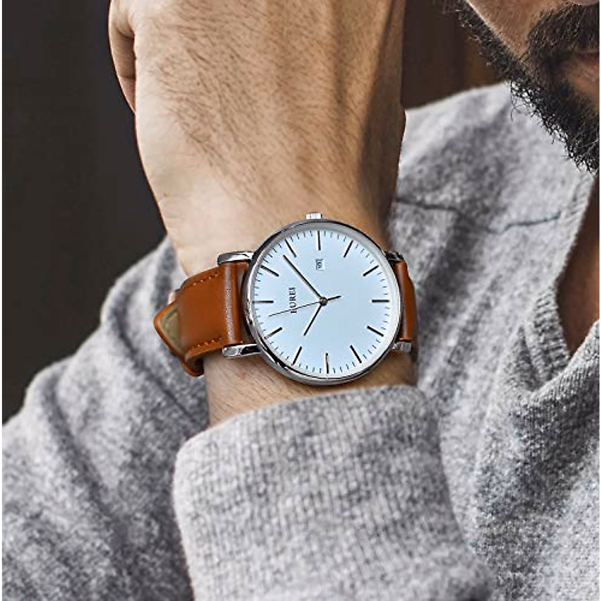 BUREI Men's Fashion Wrist Watch Minimalist Simple Watches for Men Ultra Thin Watch Analog Quartz Watches Leather Strap Watches with Date (Silver Brown)