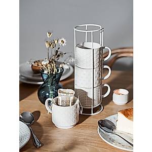 LE TAUCI Ceramic Coffee Mug Set with Stand, 8 oz Stackable Double Espresso Cups with Rack for Au Lait, Cappuccino,Latte,Cafe,Mocha, Tea,Housewarming Wedding Gift, Set of 4,Arctic white